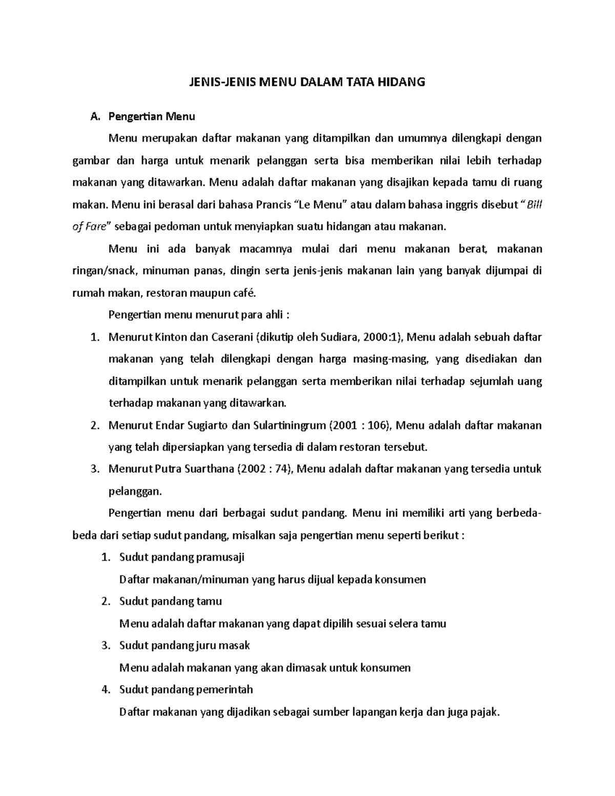 Jenis-jenis Menu dan Fungsi dalam Tata Hidang Restoran - Studocu