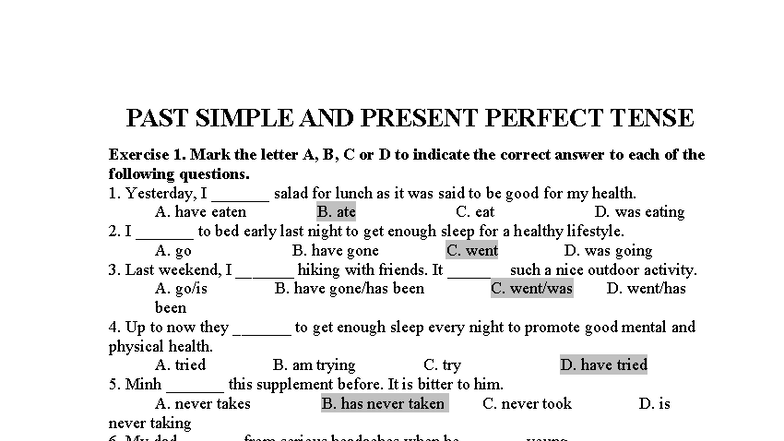 GS 11 NP T1 KEY - Past Simple & Present Perfect Exercises - Studocu