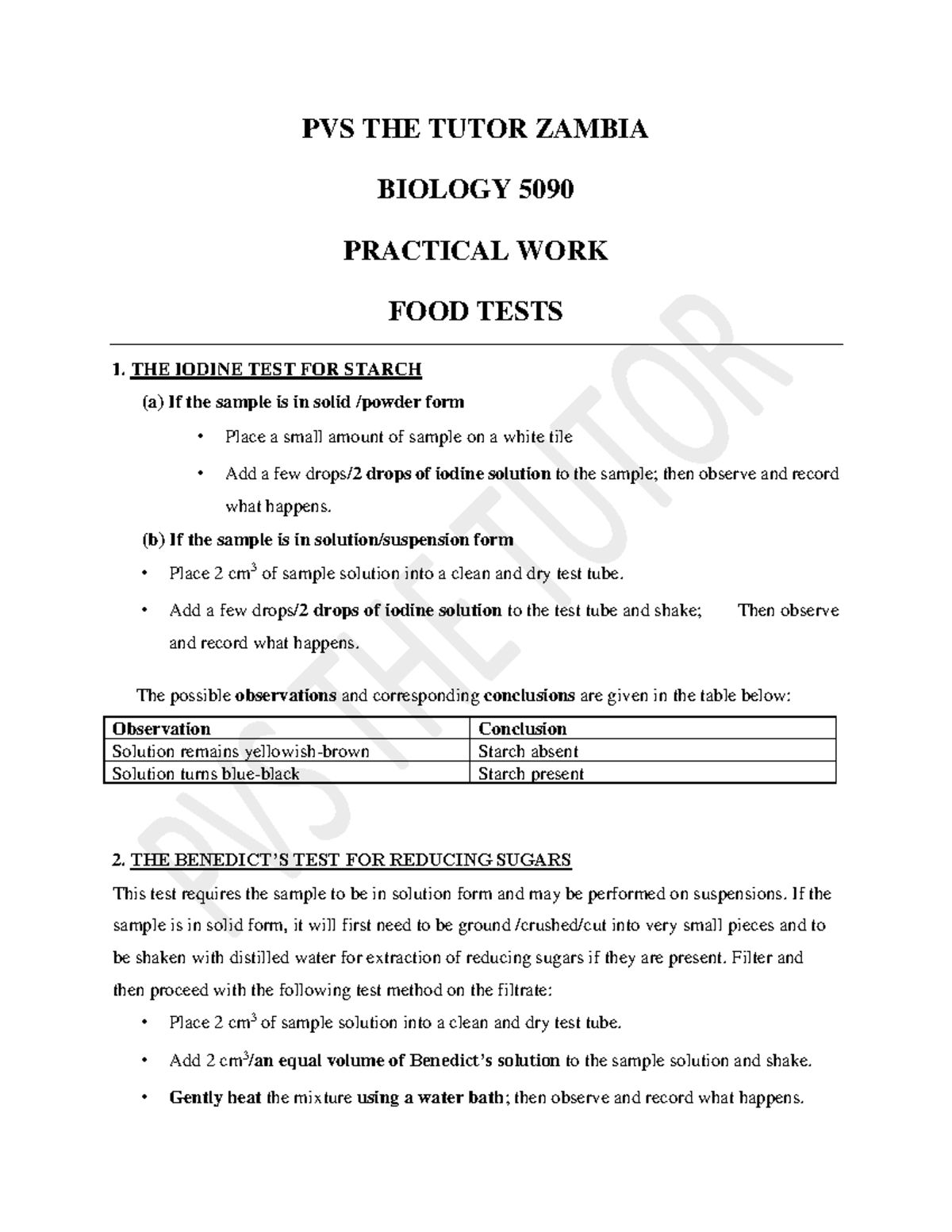 Biology 5090 - Practical Guide to Food Tests for Starch & Sugars - Studocu