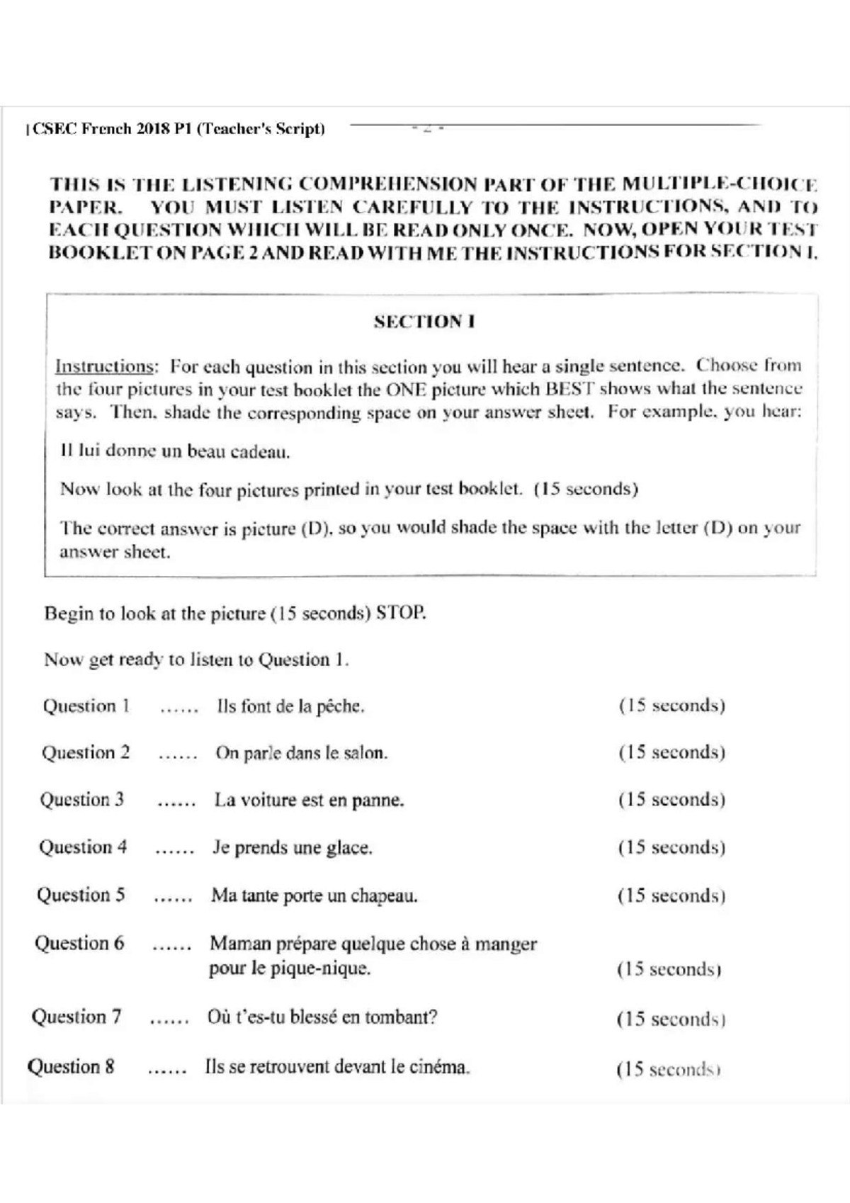 CSEC French 2018 P1 Listening Comprehension Teacher's Script - Studocu