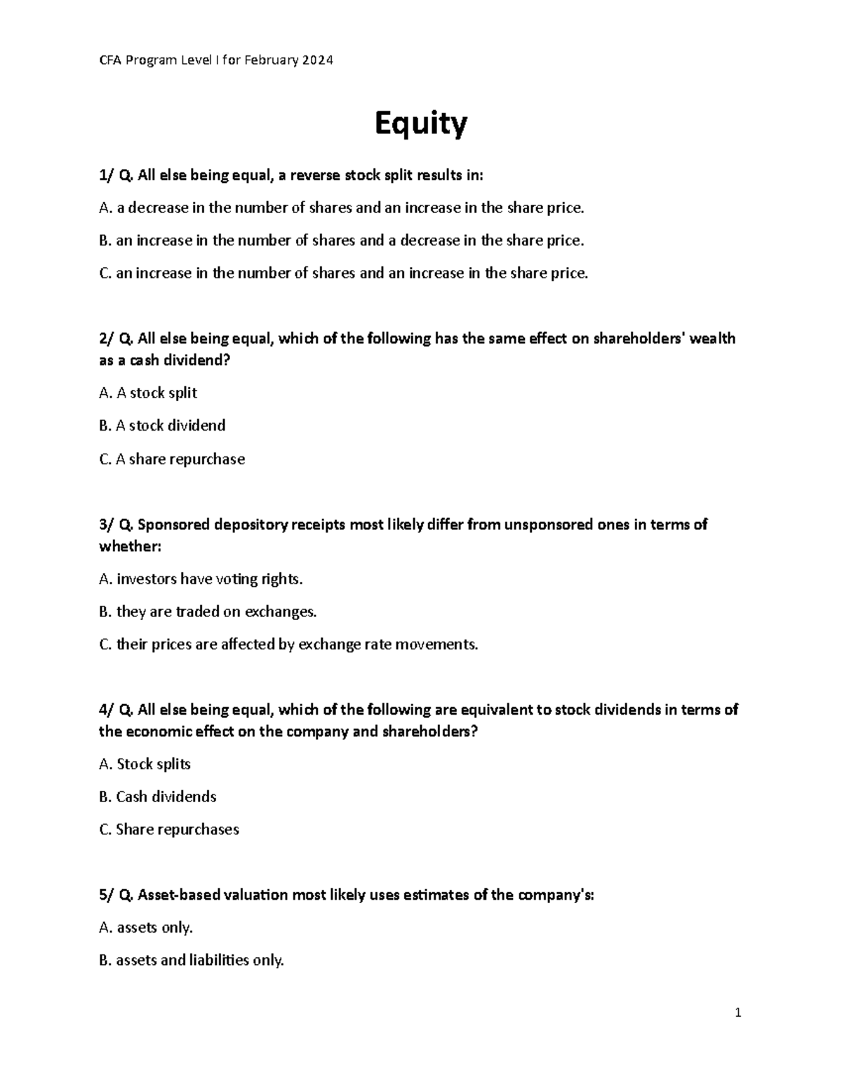 CFA Program Level I February 2024 Equity Questions and Answers - Studocu