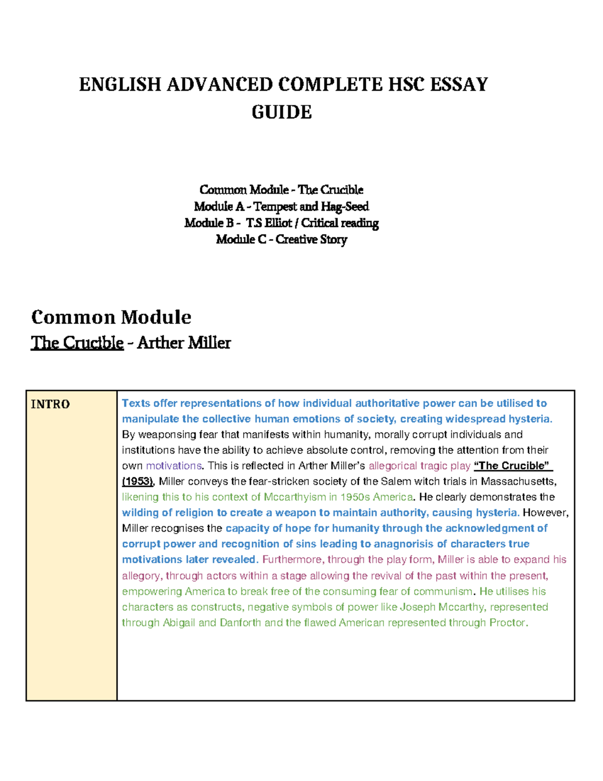 ENG ADV HSC Essay Guide: Exploring The Crucible & Tempest Themes - Studocu