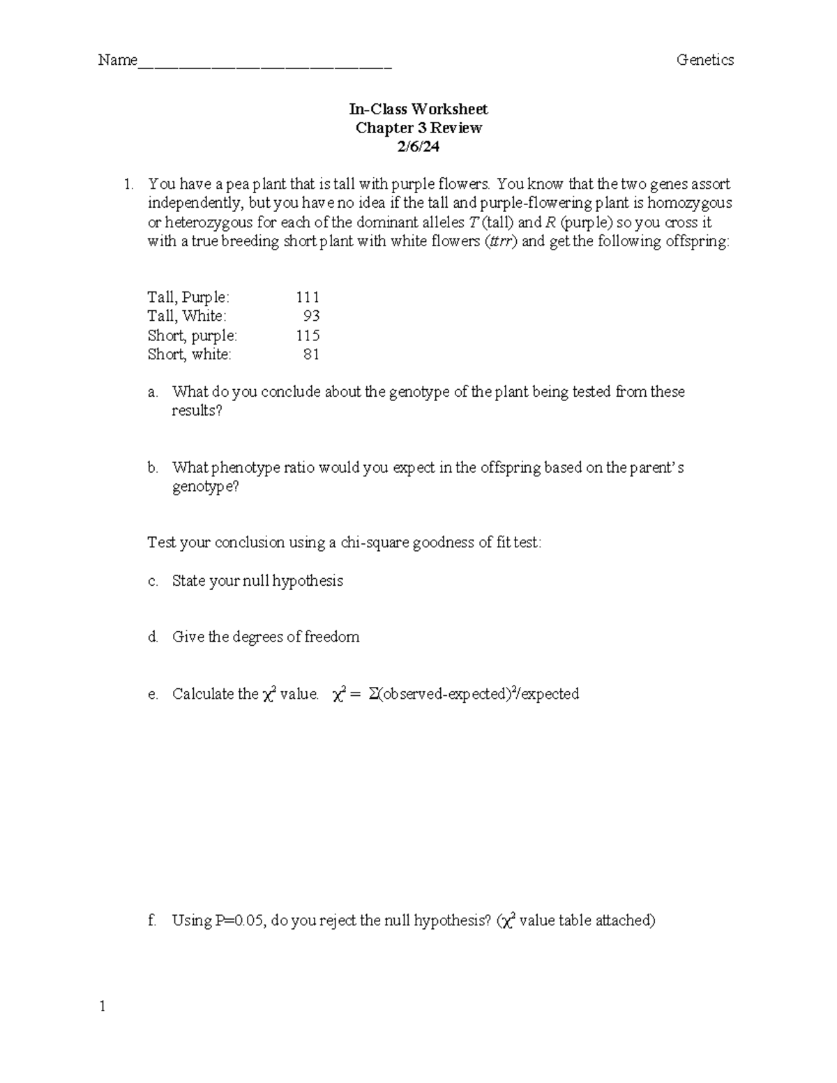 Genetics 2.6.24 - Chapter 3 Worksheet Review and Analysis - Studocu
