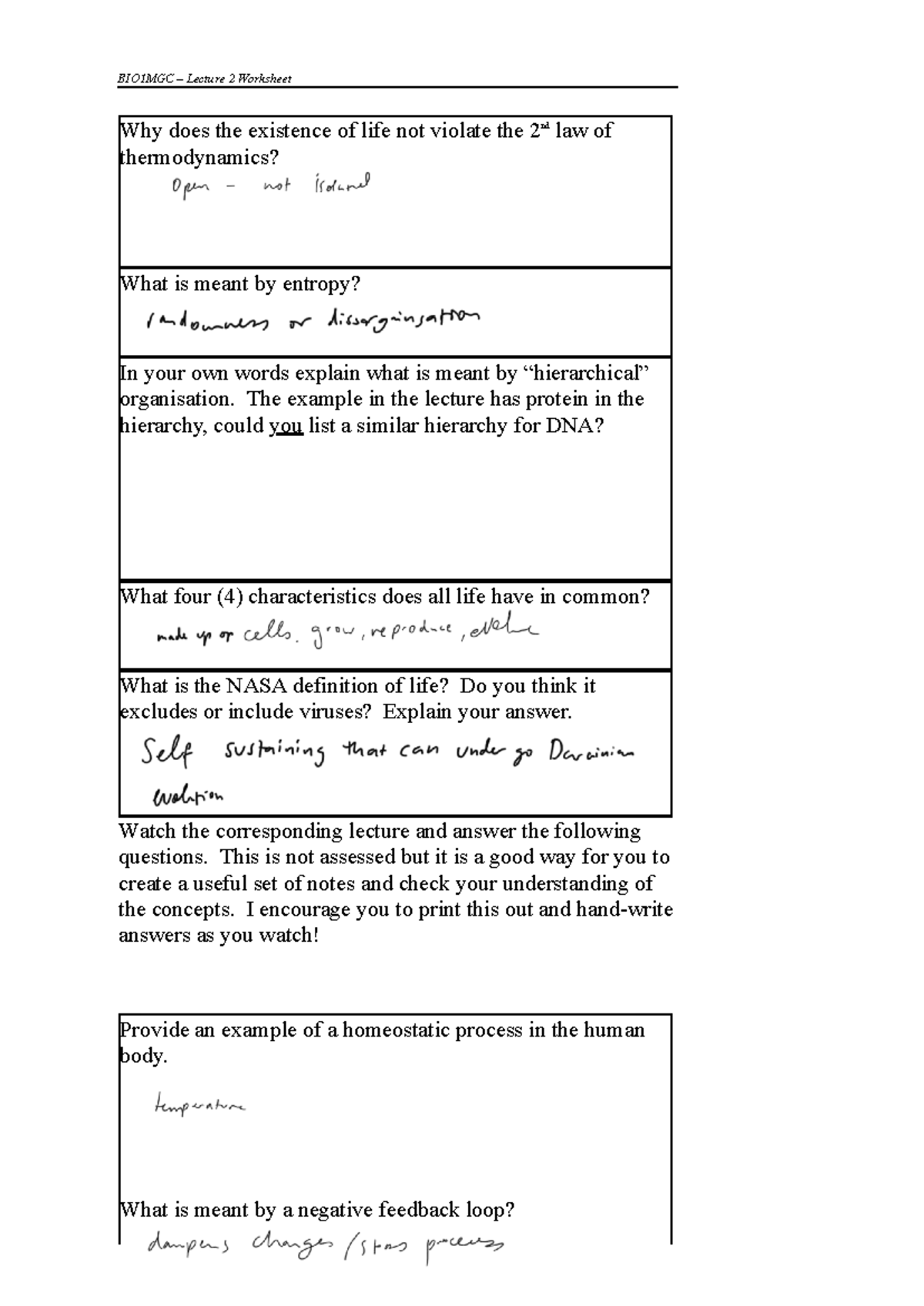 BIO1MGC 2025 Lecture 2 Worksheet: Life, Thermodynamics, and Evolution ...