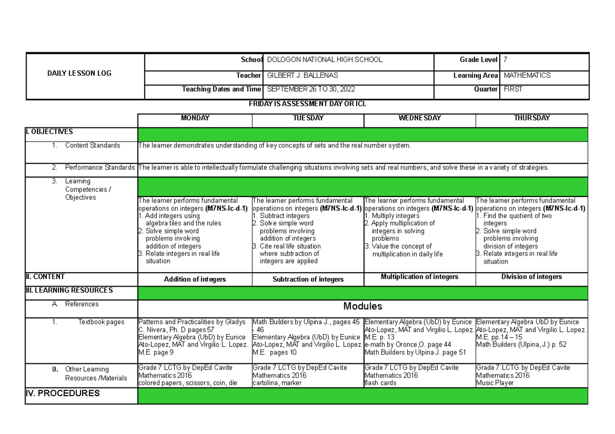 WEEK 4 MATH 7 LESSON PLAN: INTEGERS AND OPERATIONS - Studocu