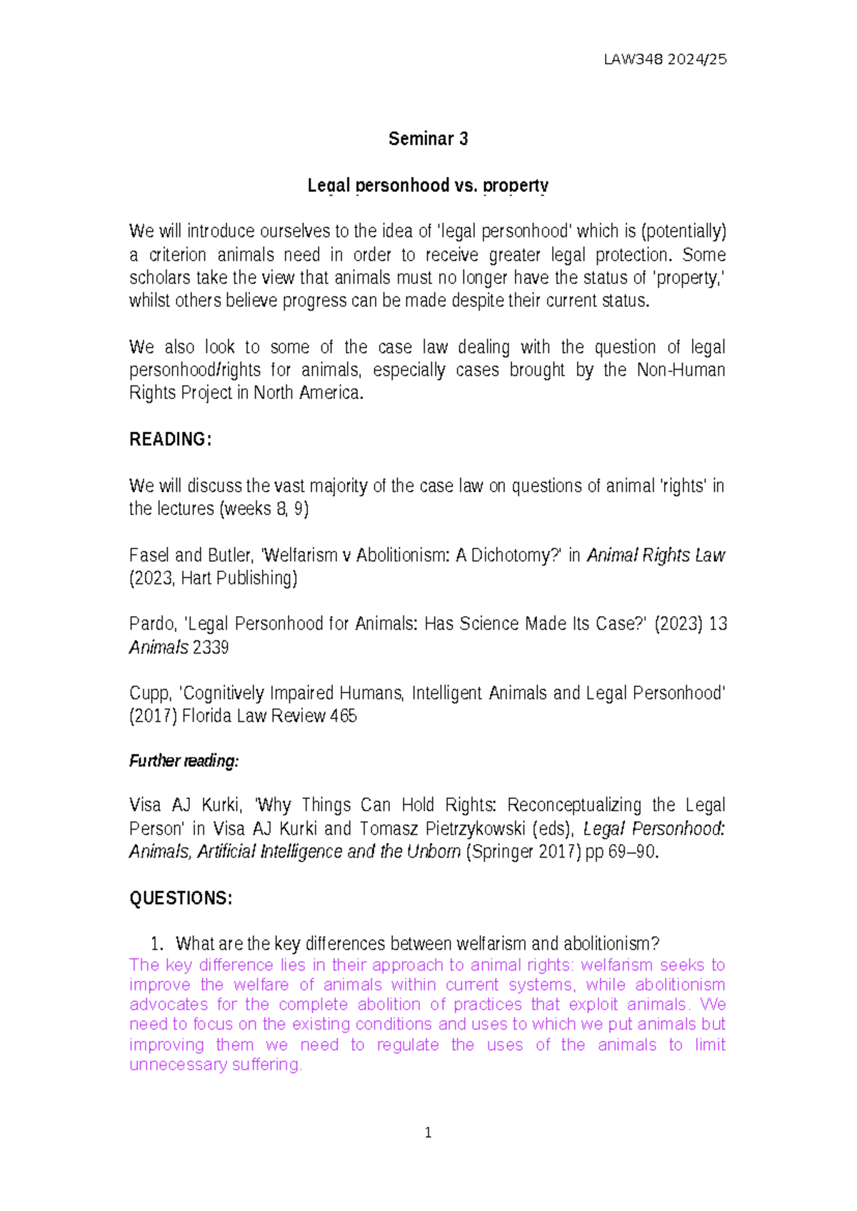LAW348 Seminar 3: Legal Personhood and Animal Rights Discussion - Studocu
