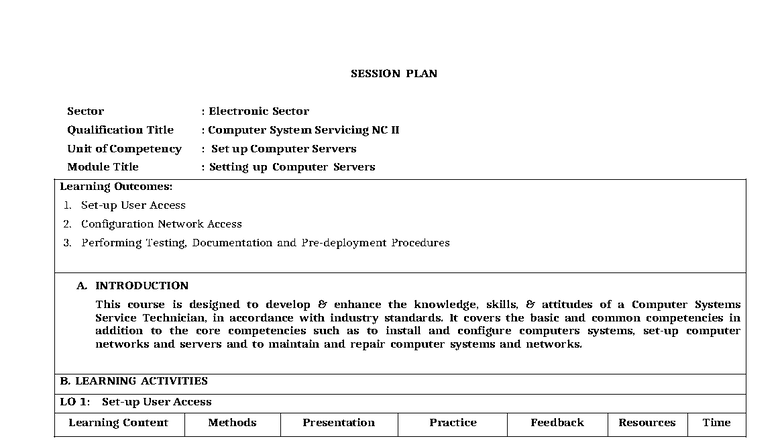 COC 3 - Session Plan for Computer System Servicing NC II: Server Setup ...