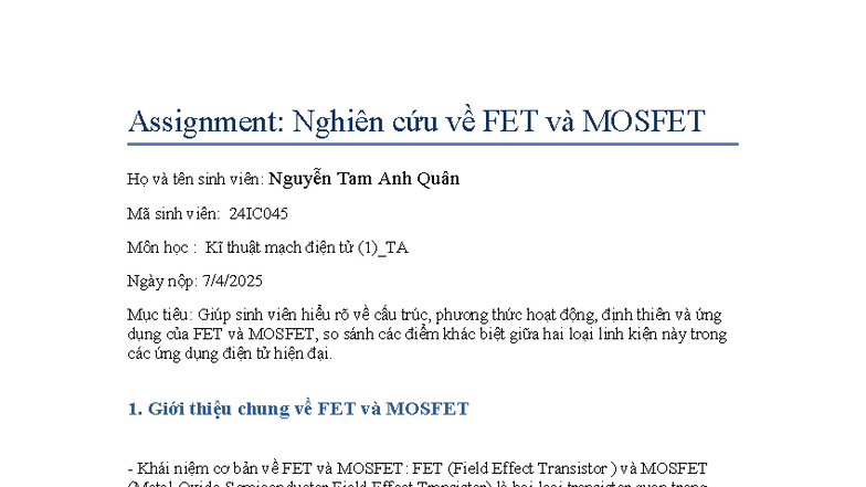 Nghiên cứu về FET và MOSFET - Assignment 24IC045 - Studocu