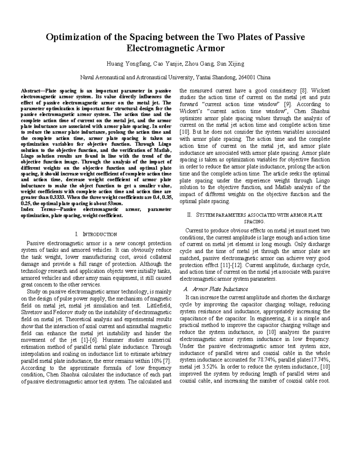 Optimization of Plate Spacing in Passive Electromagnetic Armor (2014 ...