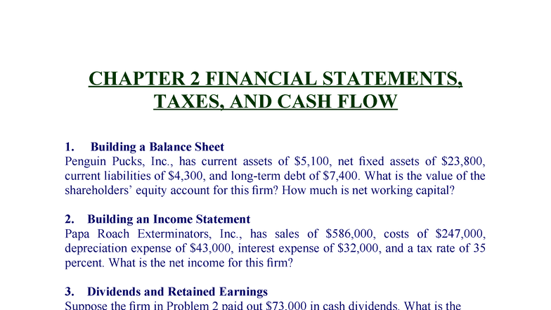 CHAPTER 2: FINANCIAL STATEMENTS, TAXES, AND CASH FLOW ANALYSIS - Studocu