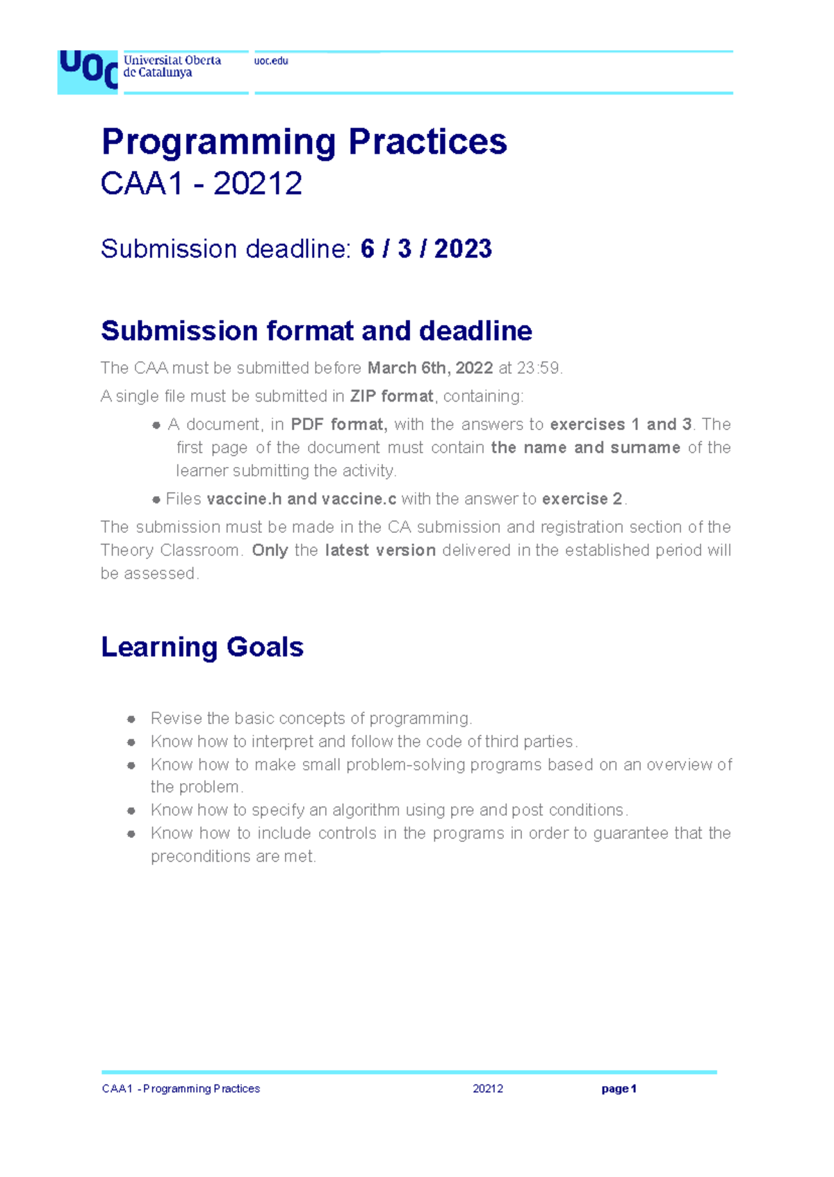 CAA1 20212 sol - Programming Practices CAA1 - 20212 Submission deadline ...