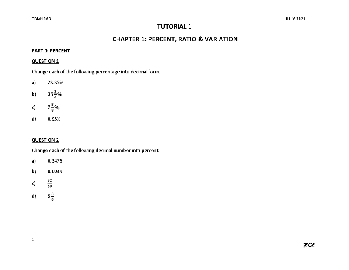 TBM1063 Tutorial 1: Chapter 1 - Percent, Ratio & Variation Exercises ...