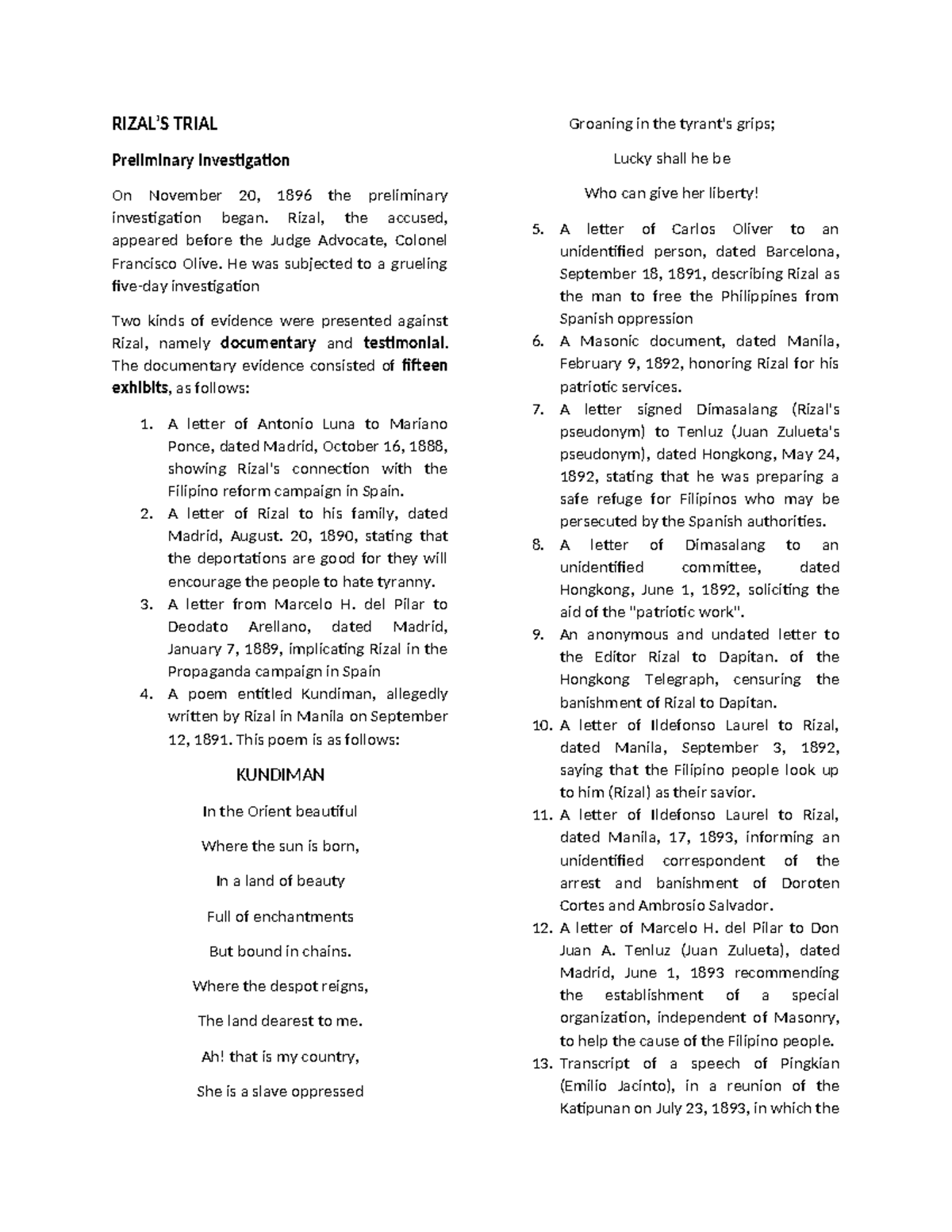 Rizal's Trial: Detailed Lecture Notes on Legal Proceedings - Studocu