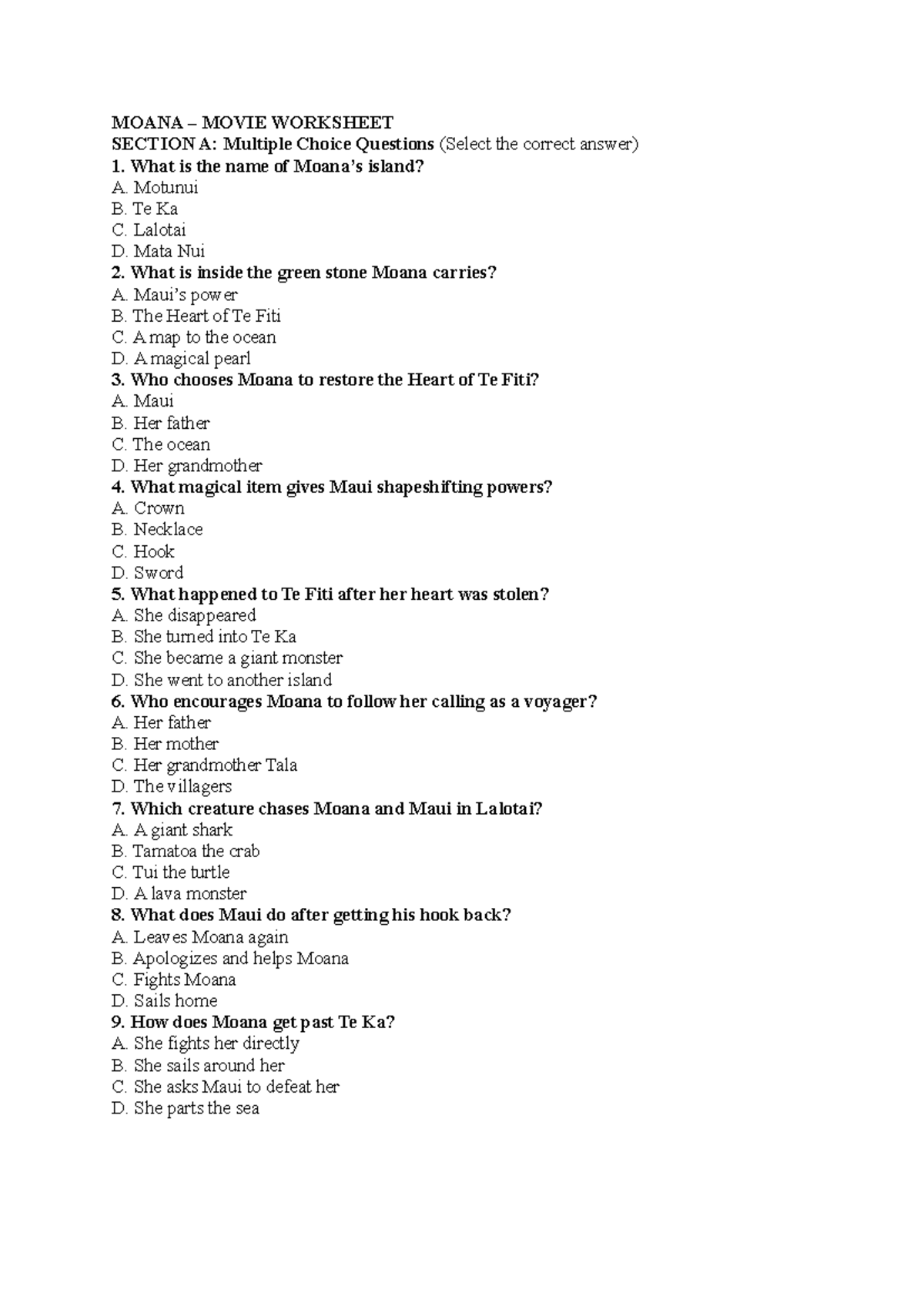 MOANA MOVIE WORKSHEET: Multiple Choice Questions (BNGGG) - Studocu