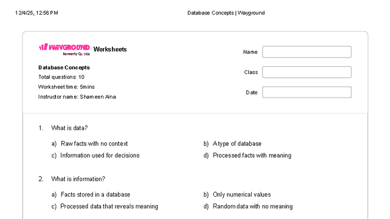 Database Concepts (DB101) Worksheet: Key Questions & Answers - Studocu