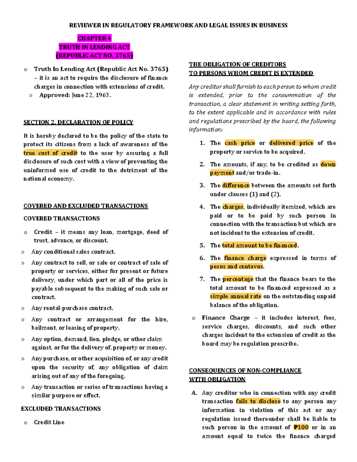 REVIEWER IN REGULATORY FRAMEWORK: TRUTH IN LENDING ACT (RA 3765) - Studocu