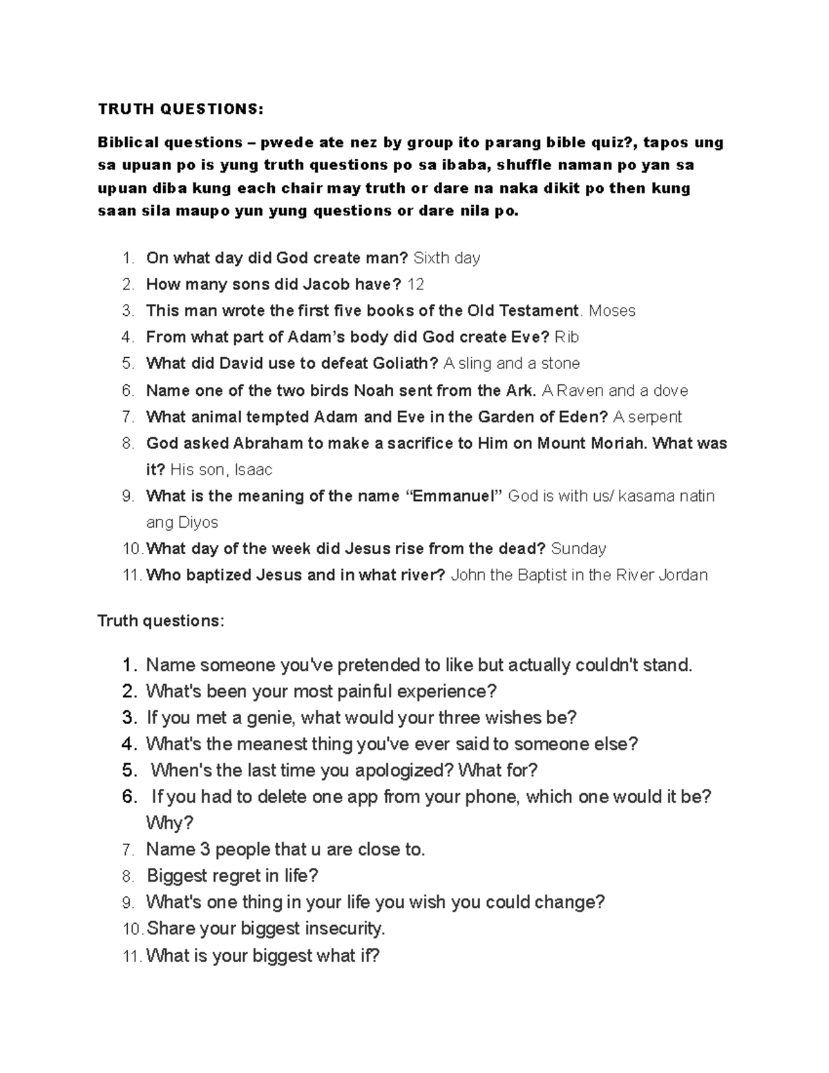 Truth-or-Dare Game: Fun Bible Quiz & Truth/Dare Challenges - Studocu