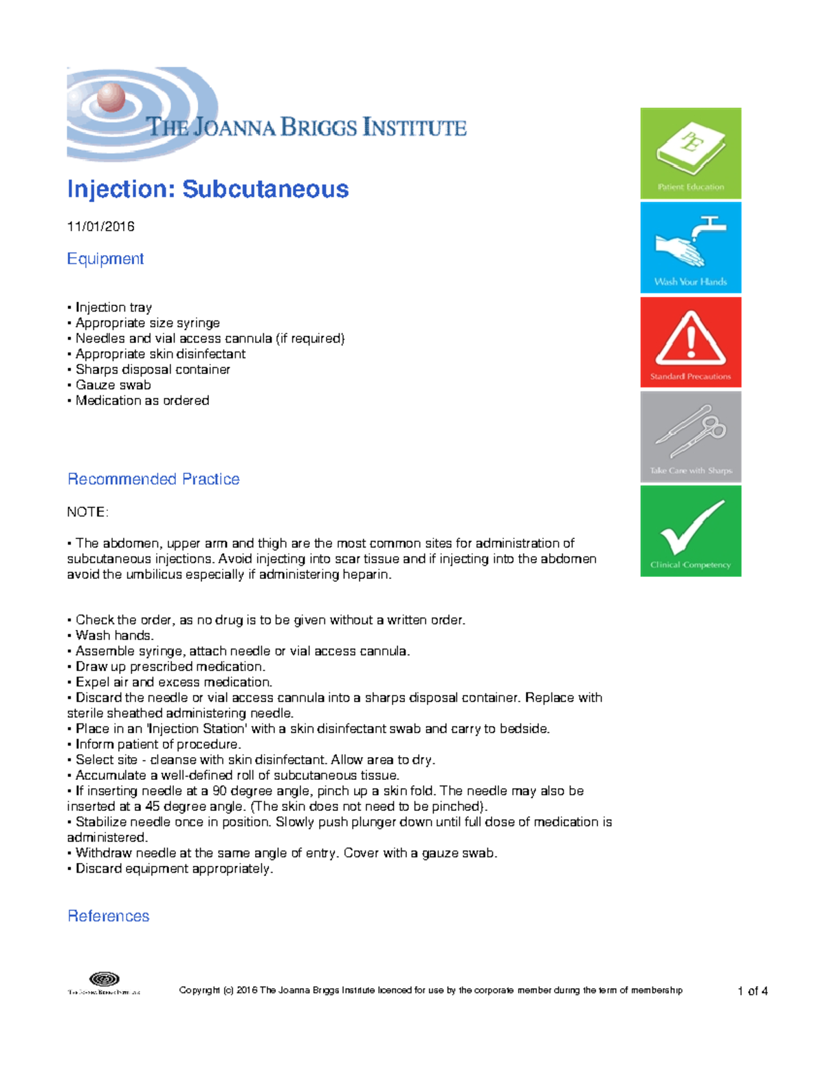 Subcut medications - Injection: Subcutaneous 11/01/ Equipment Injection ...