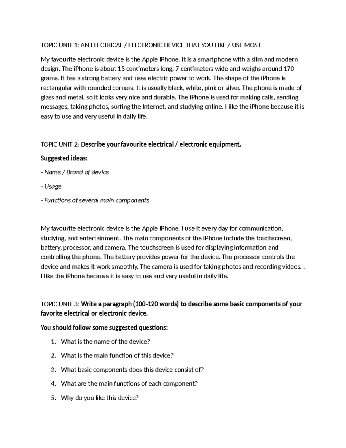 Unit 1: My Favorite Electronic Device - The Apple iPhone - Studocu