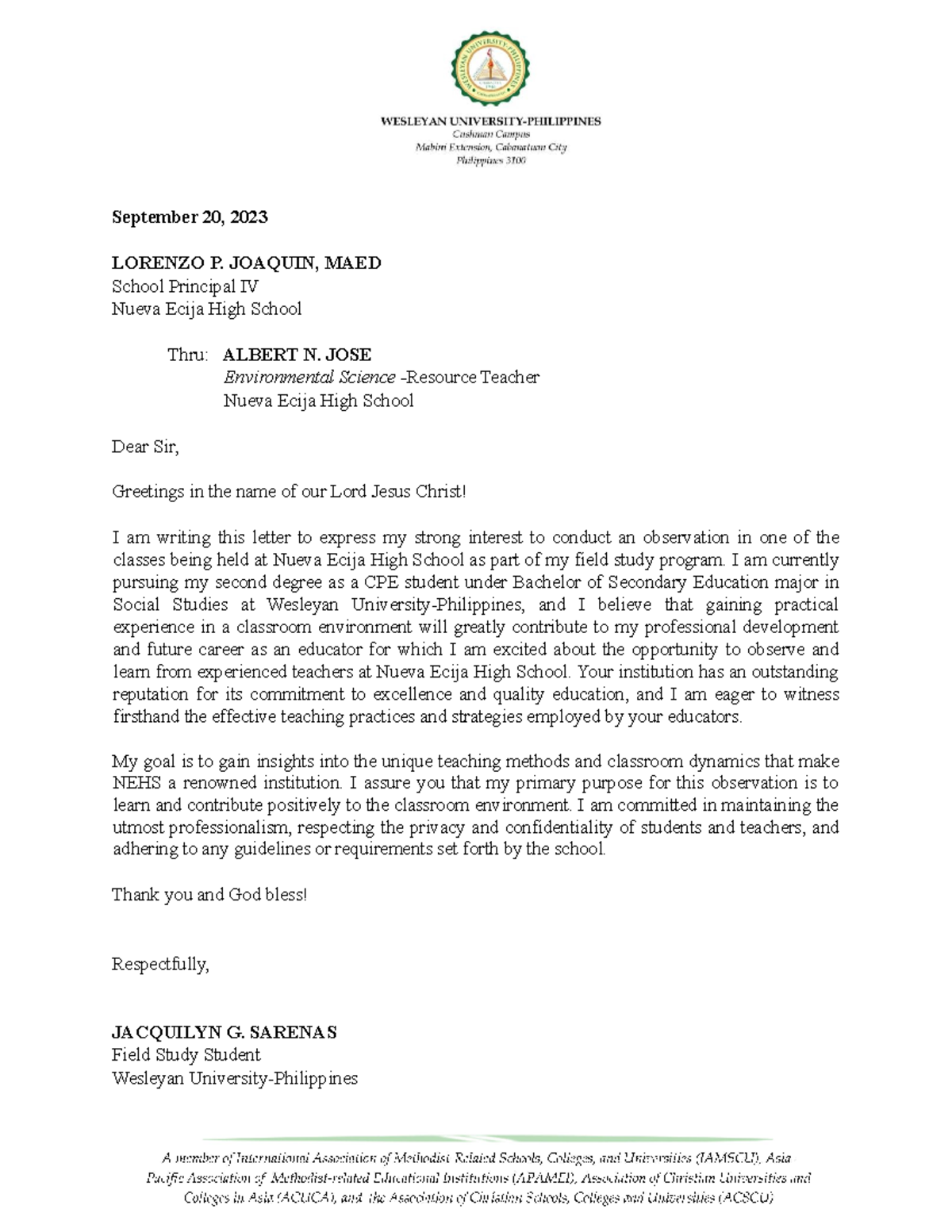 Letter of Intent for Field Study Observation (FS1) - Jacqui - Studocu