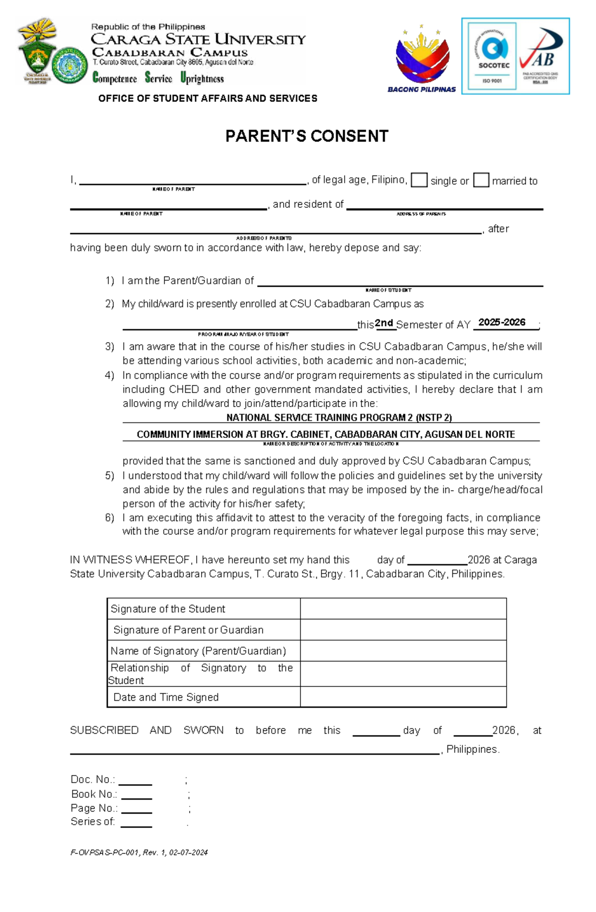 NSTP 2 Parents Consent Form for Community Immersion Activities - Studocu