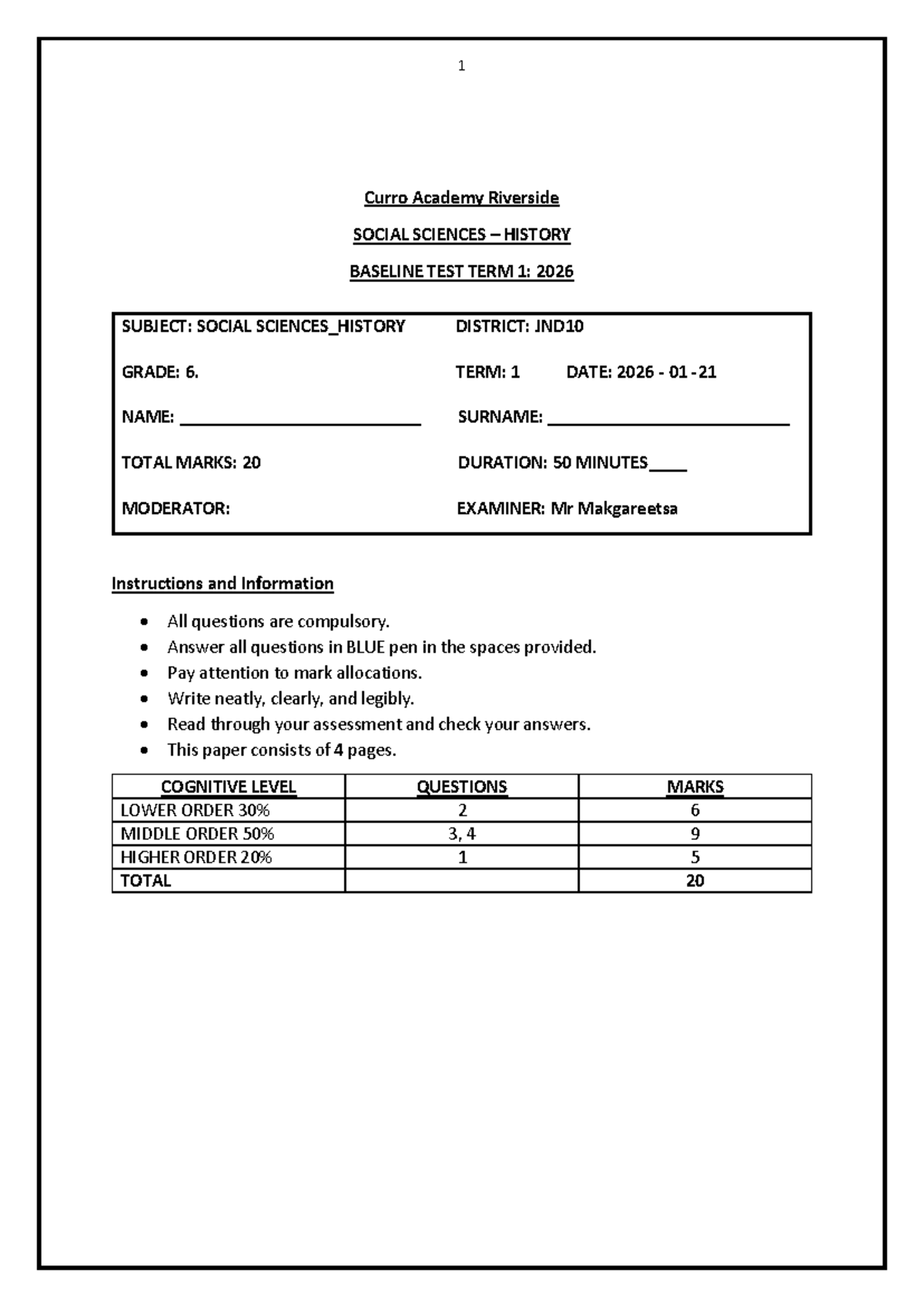 Grade 6 Social Sciences History Baseline Test Term 1: 2026 - Studocu