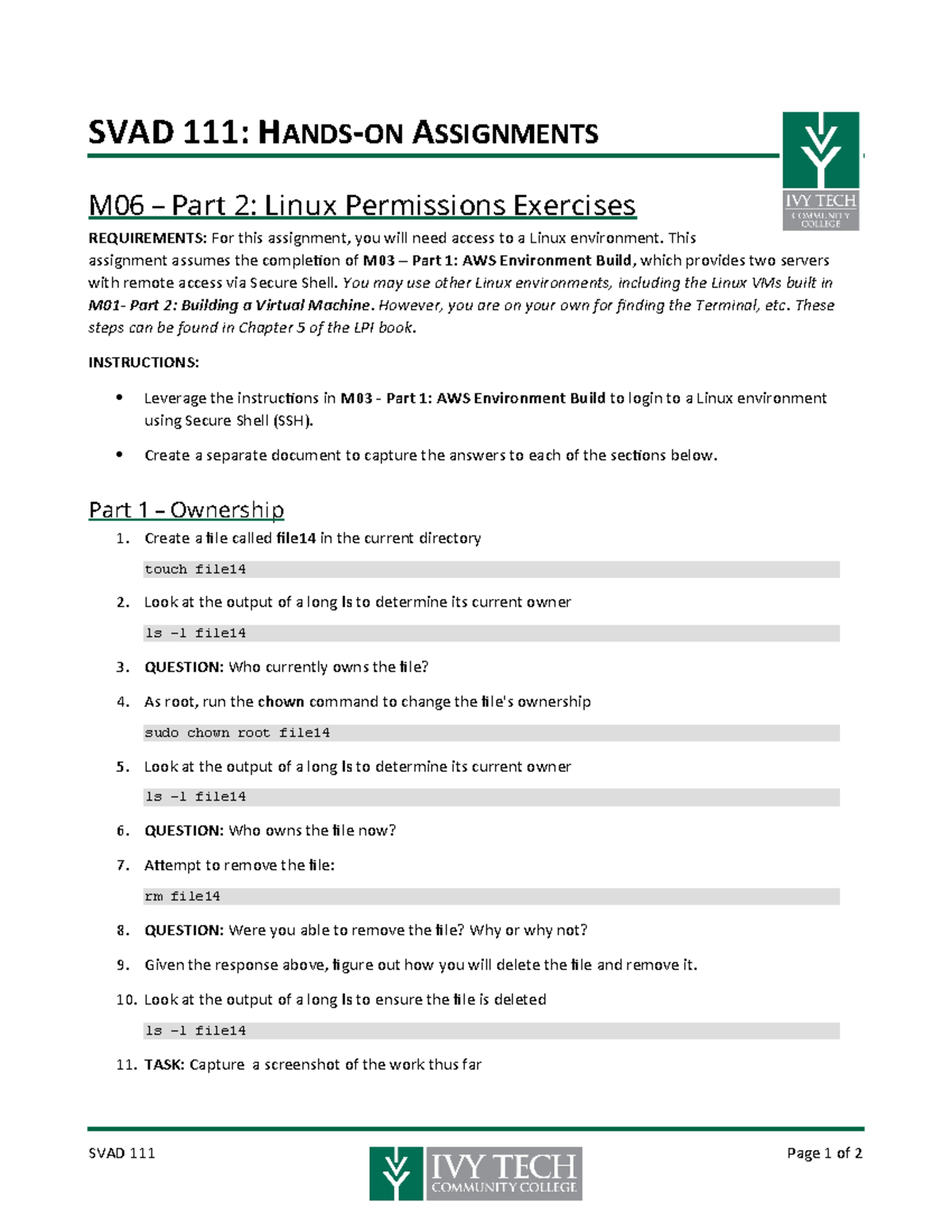 M06P2C - Linux Permissions Exercise: Ownership & Commands Summary - Studocu