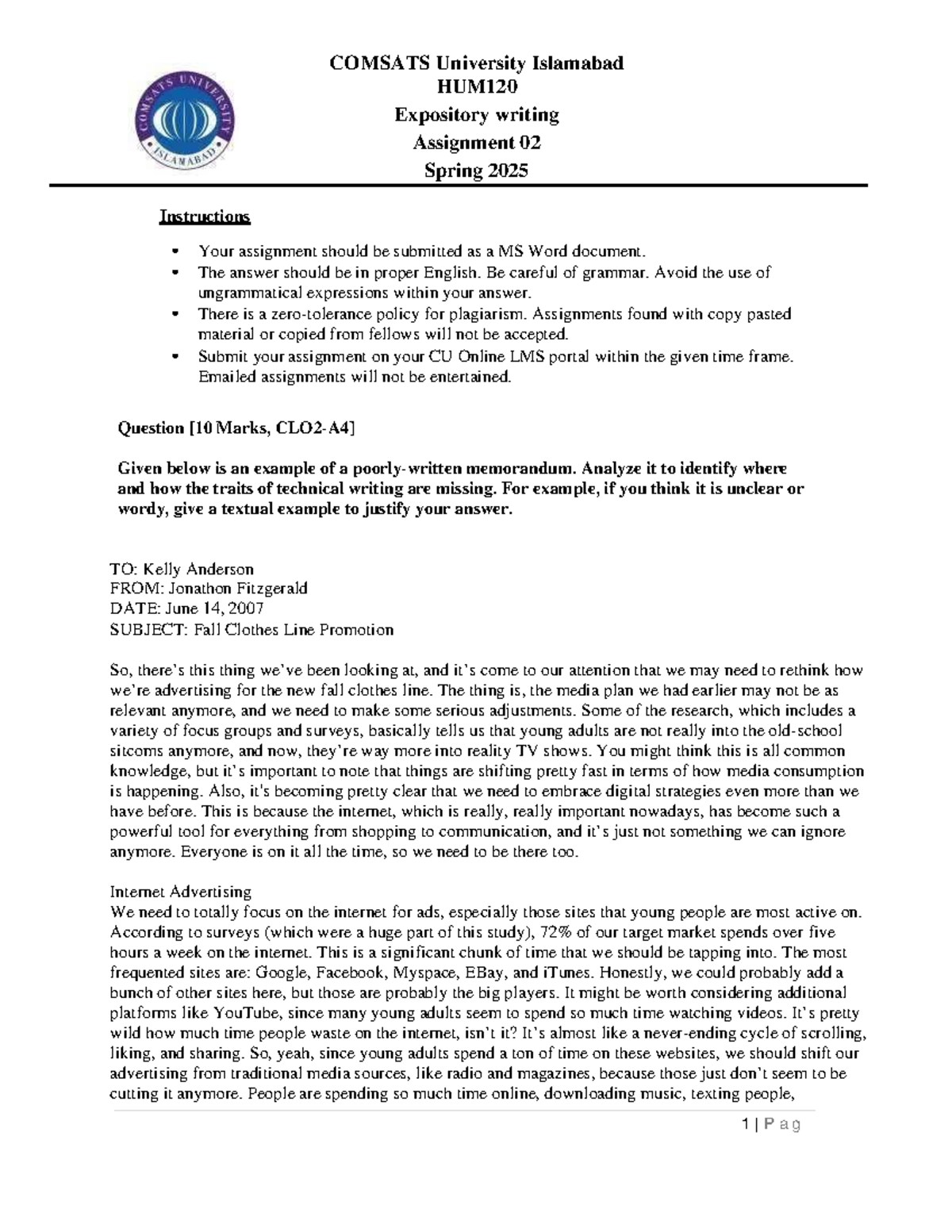 Assignment.02(SP25) - 1 | P a g COMSATS University Islamabad HUM ...