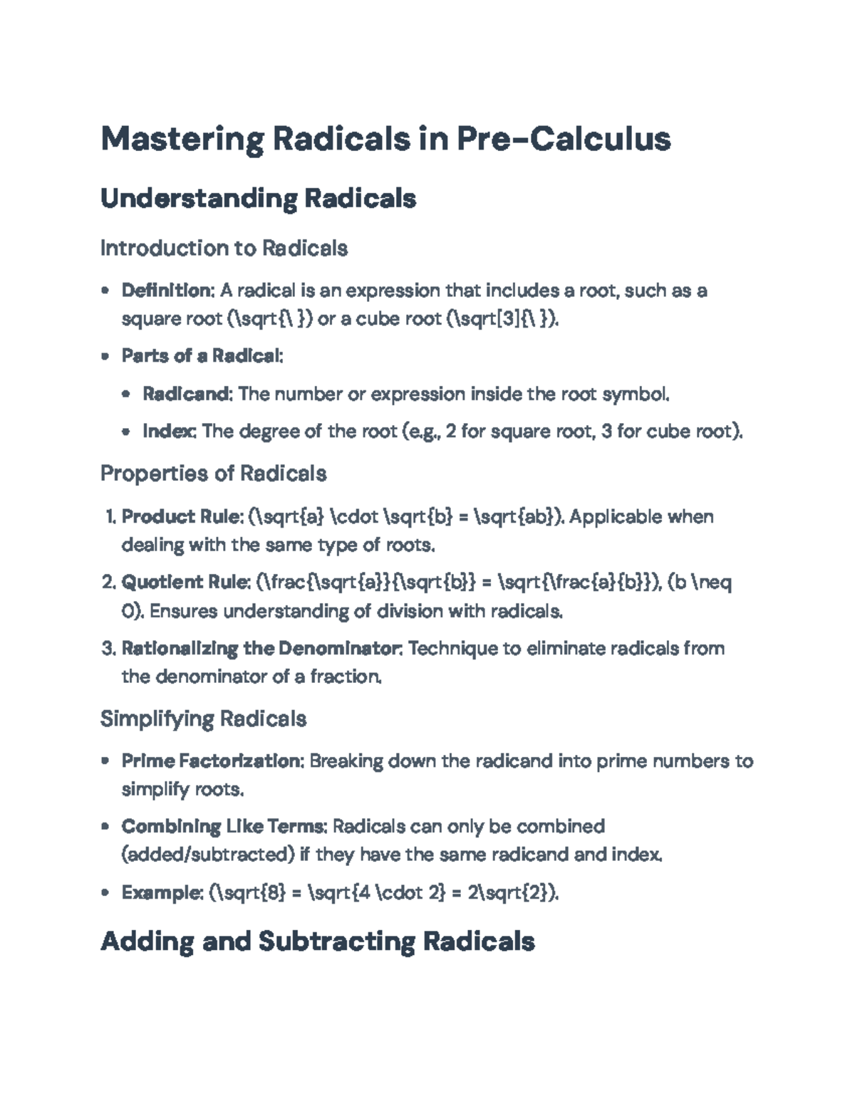 Mastering Radicals: Key Concepts in Pre-Calculus (MATH 100) - Studocu