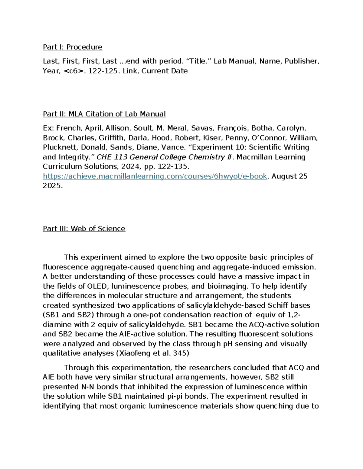 CHE 113 Lab Manual Citation and Experiment Analysis - Studocu