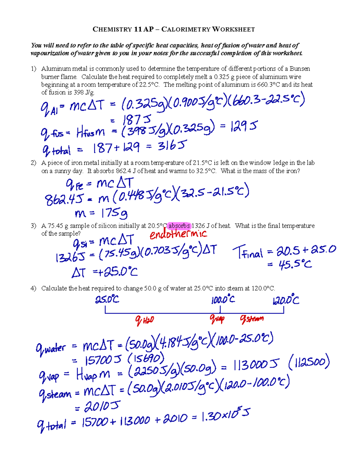 CHEMISTRY 11 AP CALORIMETRY WORKSHEET SOLUTIONS - Studocu