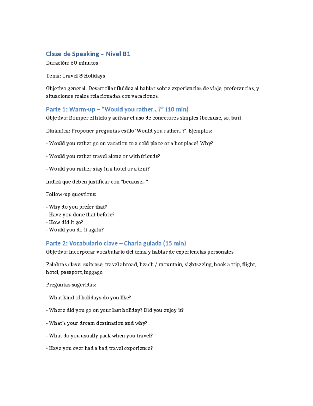 Clase de Speaking B1: Viajes y Vacaciones - Actividades y Vocabulario ...