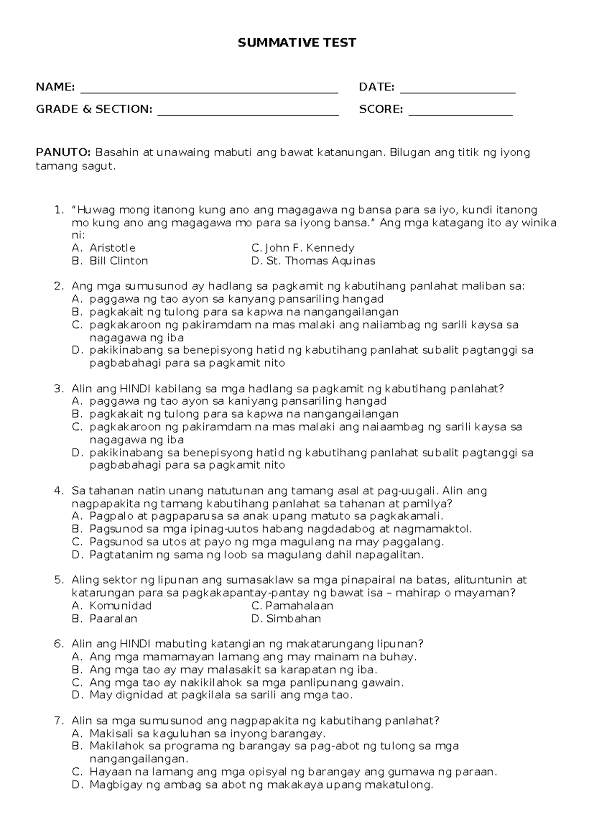 Summative TEST - FOR REFERENCES - SUMMATIVE TEST NAME: - Studocu
