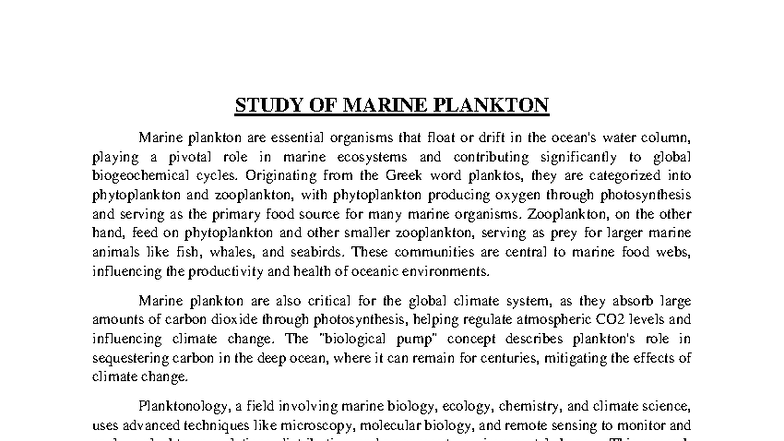 Marine Plankton Study: Roles, Types, and Ecological Importance - Studocu