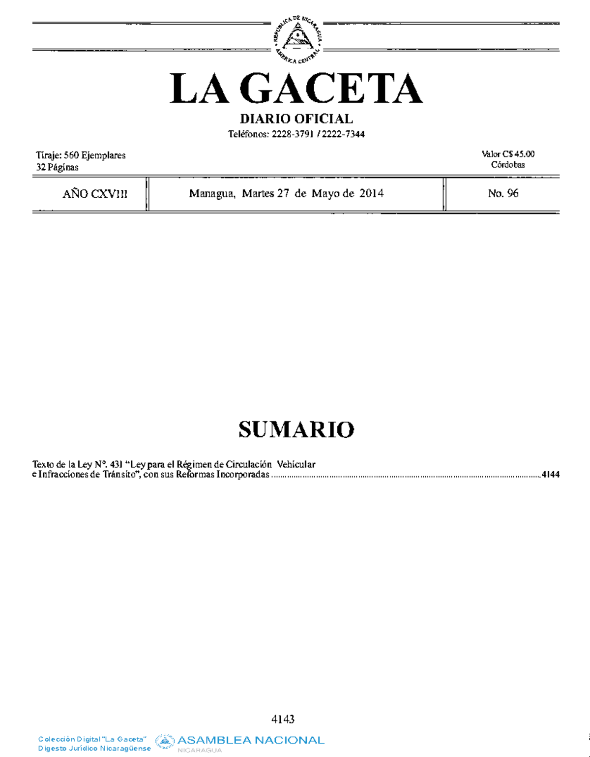 Ley Nº. 431: Régimen de Circulación Vehicular e Infracciones - Studocu