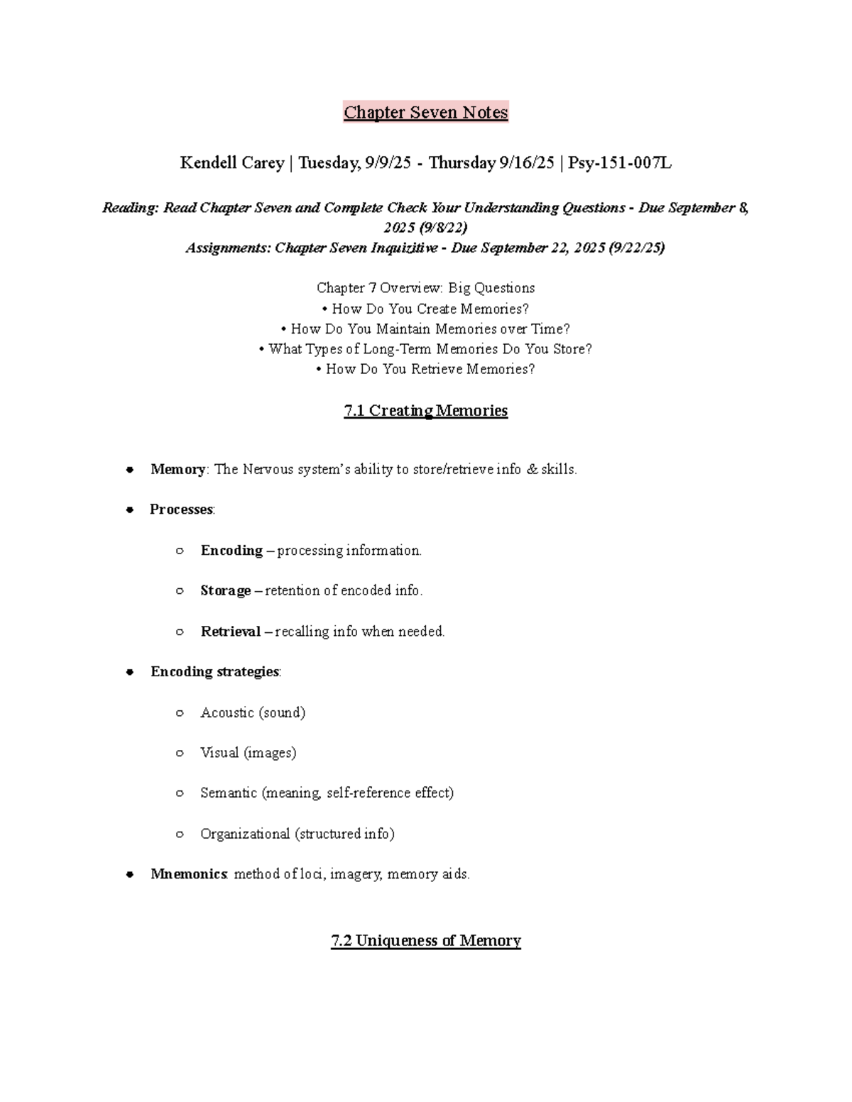 Chapter 7 Notes on Memory Processes | Psy-151-007L - Studocu