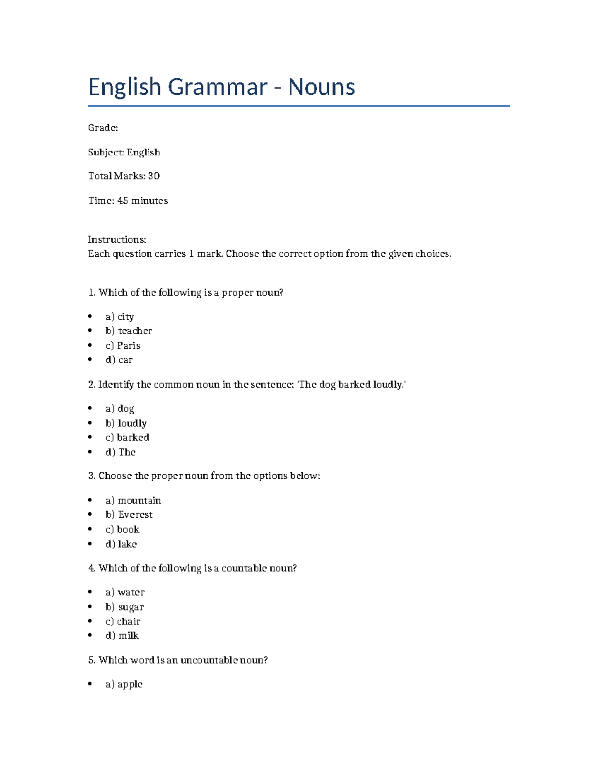 Nouns Quiz Paper - English Grammar (Grade: 30 Marks) - Studocu