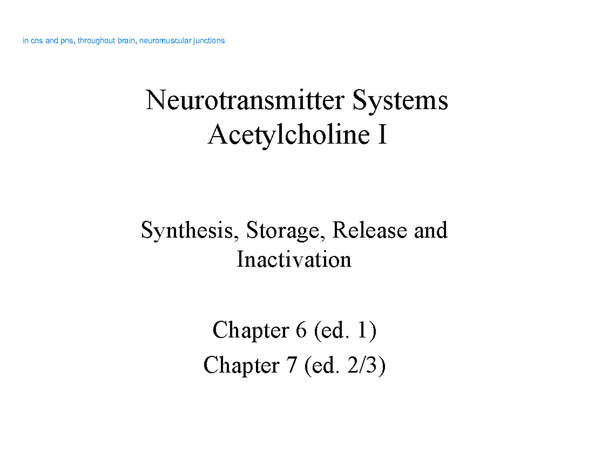 Acetylcholine Neurotransmitter Systems: Synthesis, Release ...