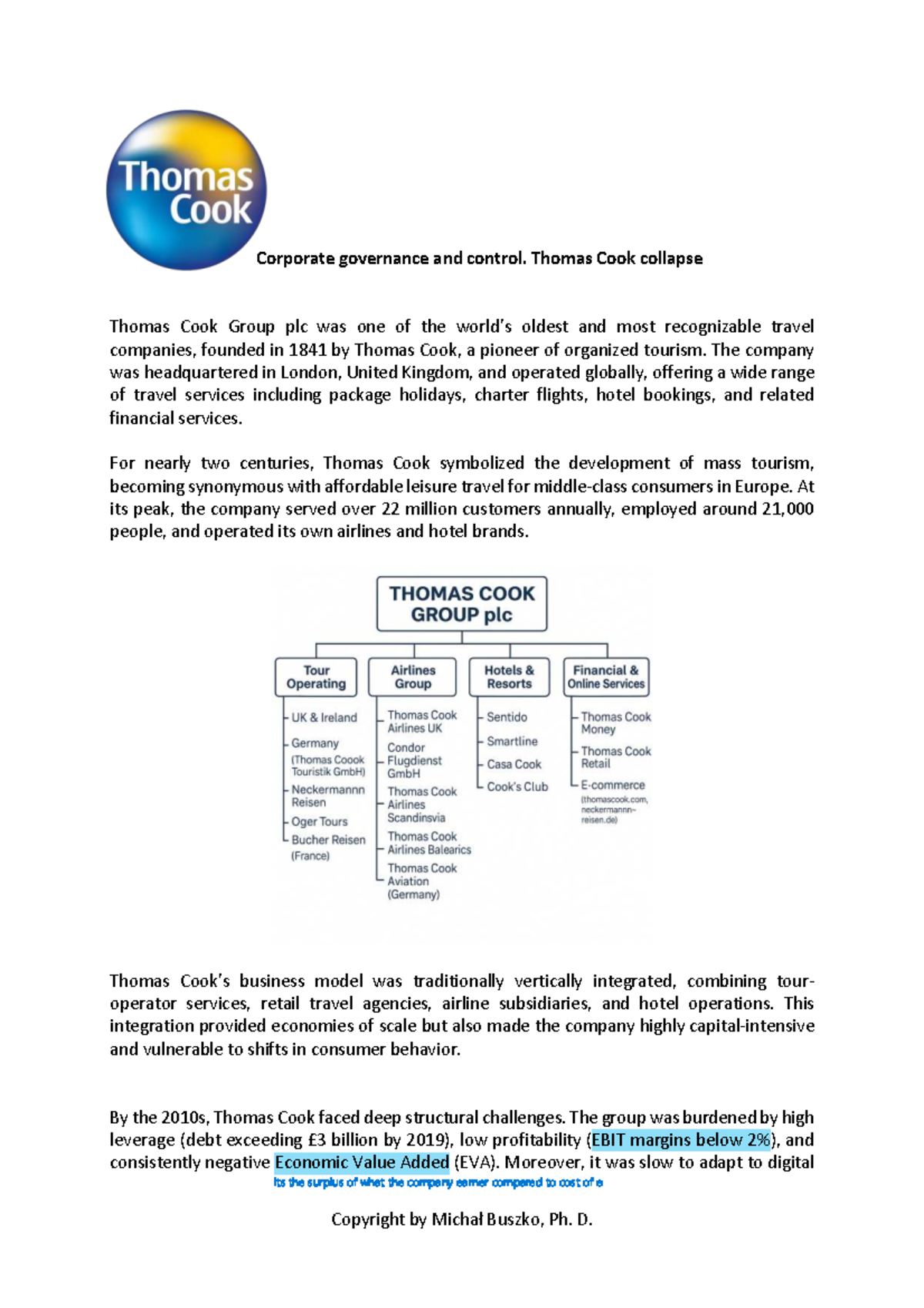 Case Study 1: Thomas Cook - Value-Based Analysis of Collapse - Studocu