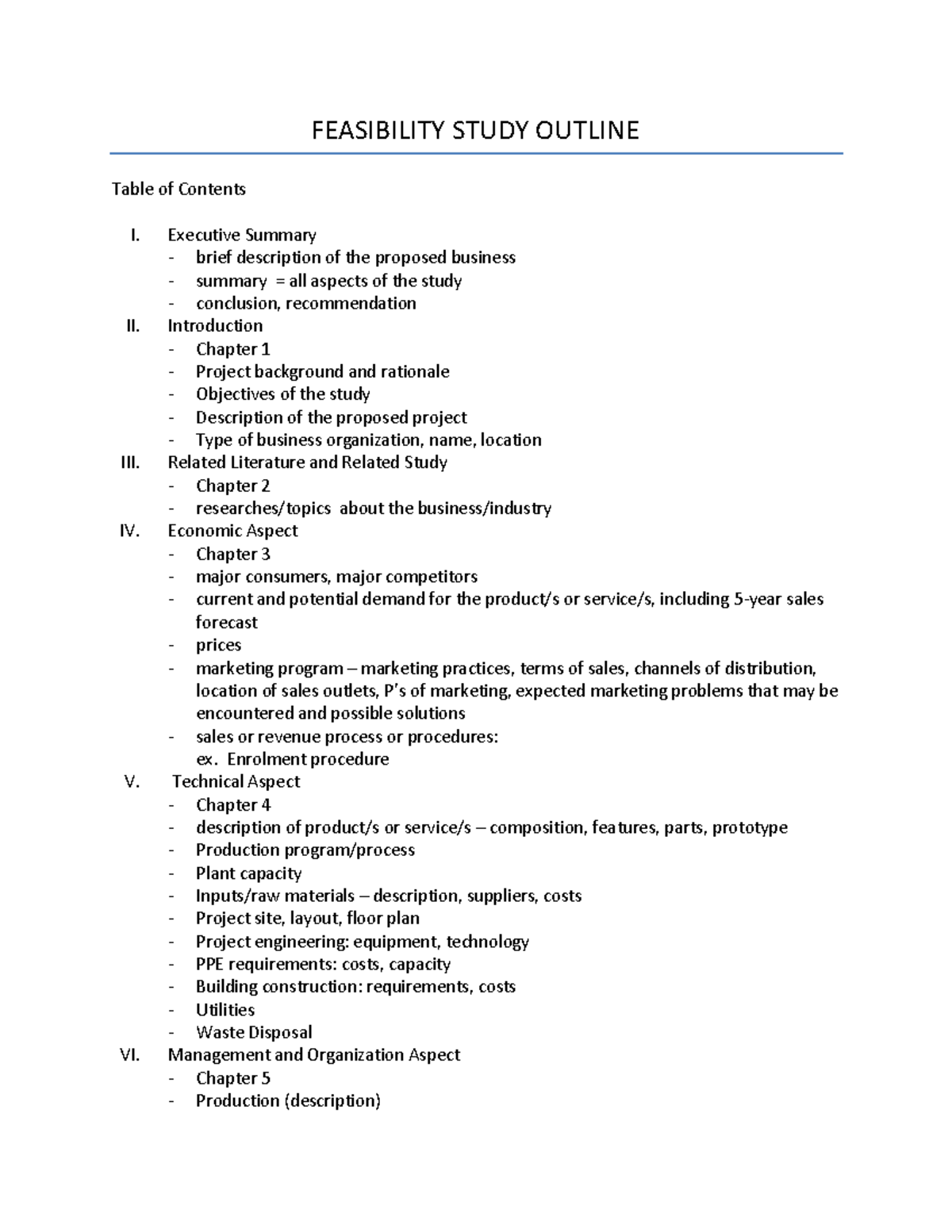 FEASIBILITY STUDY OUTLINE: Comprehensive Project Analysis - Studocu