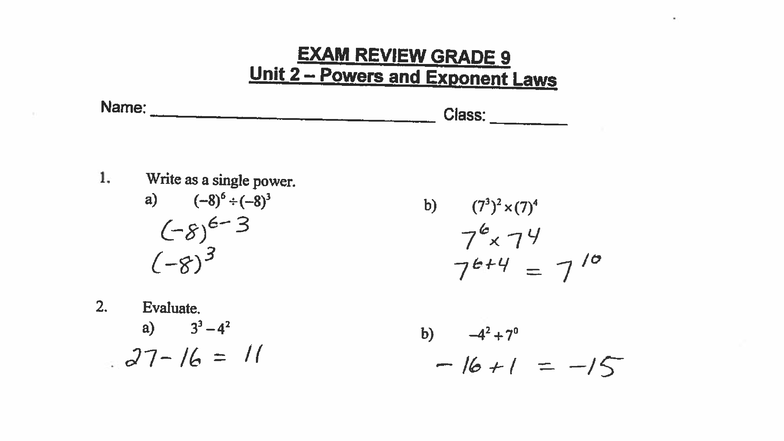 Gr 9 U2 June Exam Review: Powers & Exponent Laws Answers - Studocu