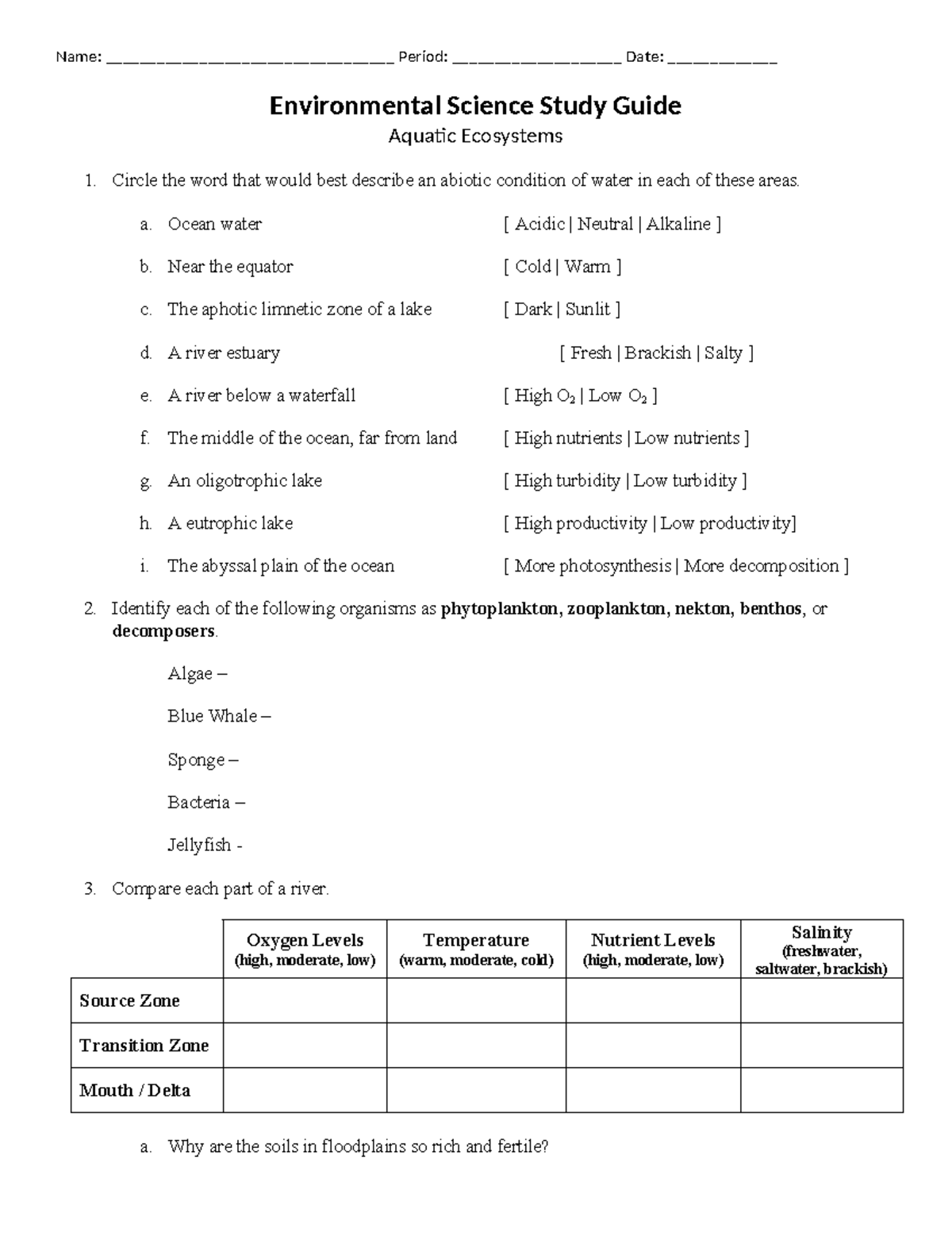 Aquatic Ecosystems Study Guide - Name ...