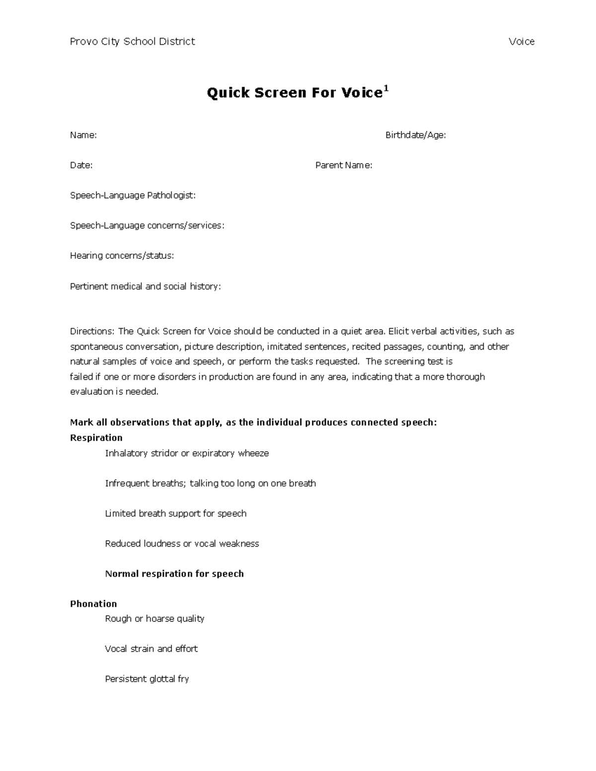 Provo City School District SLP Guidelines: Voice Quick Screen - Studocu