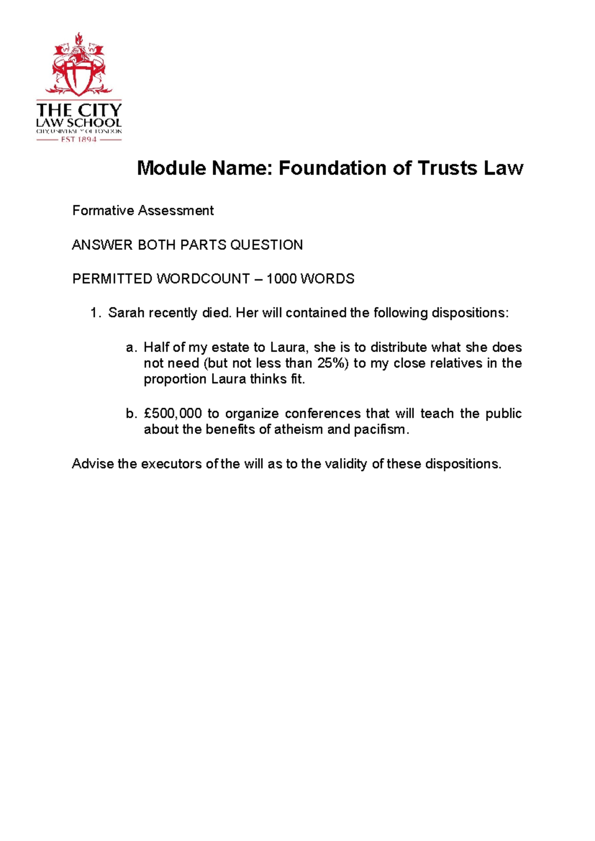 Trusts Law Essay: Validity of Dispositions in Sarah's Will - Studocu