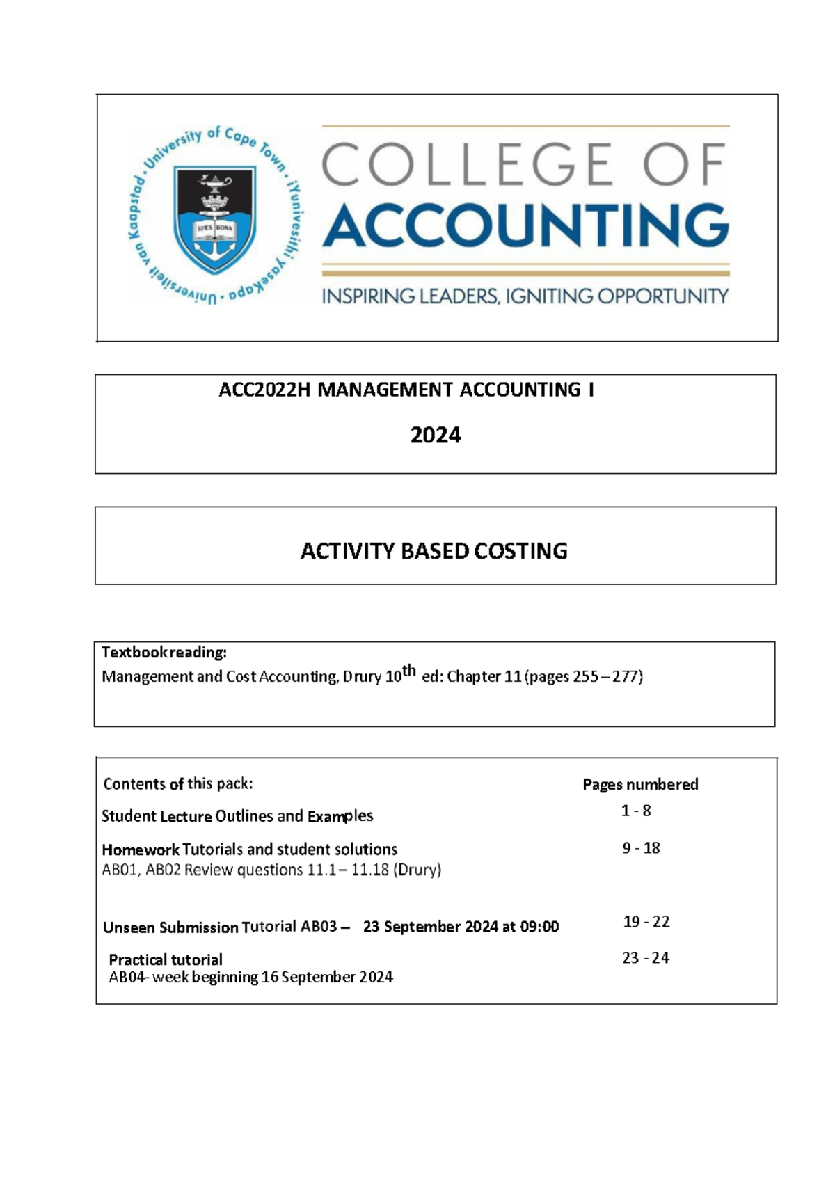 ACC2022H & ACC2042H ABC module 2024 - ACC2022H MANAGEMENT ACCOUNTING I ...