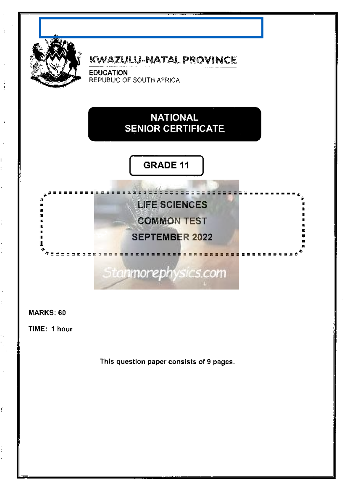 Life Sciences Grade 11 Common Test September 2022 - Paper 1 - Studocu