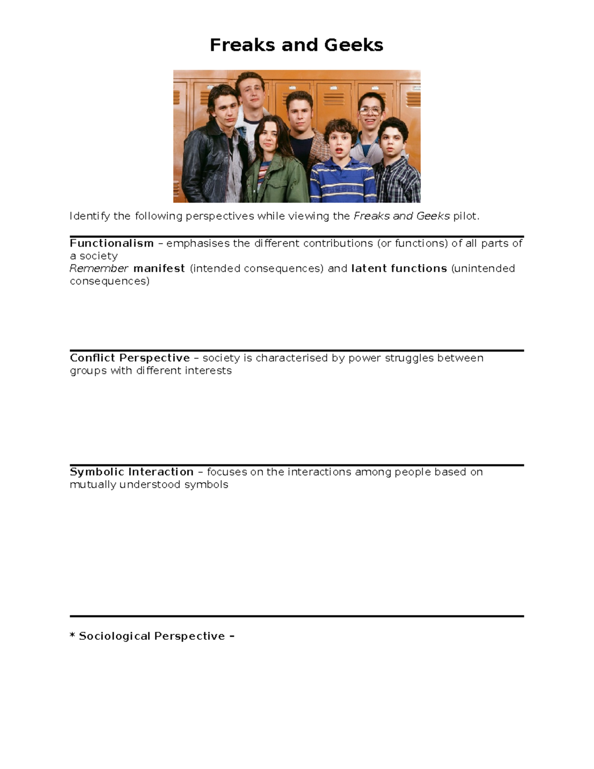 Freaks and Geeks Worksheet - Freaks and Geeks Identify the following ...