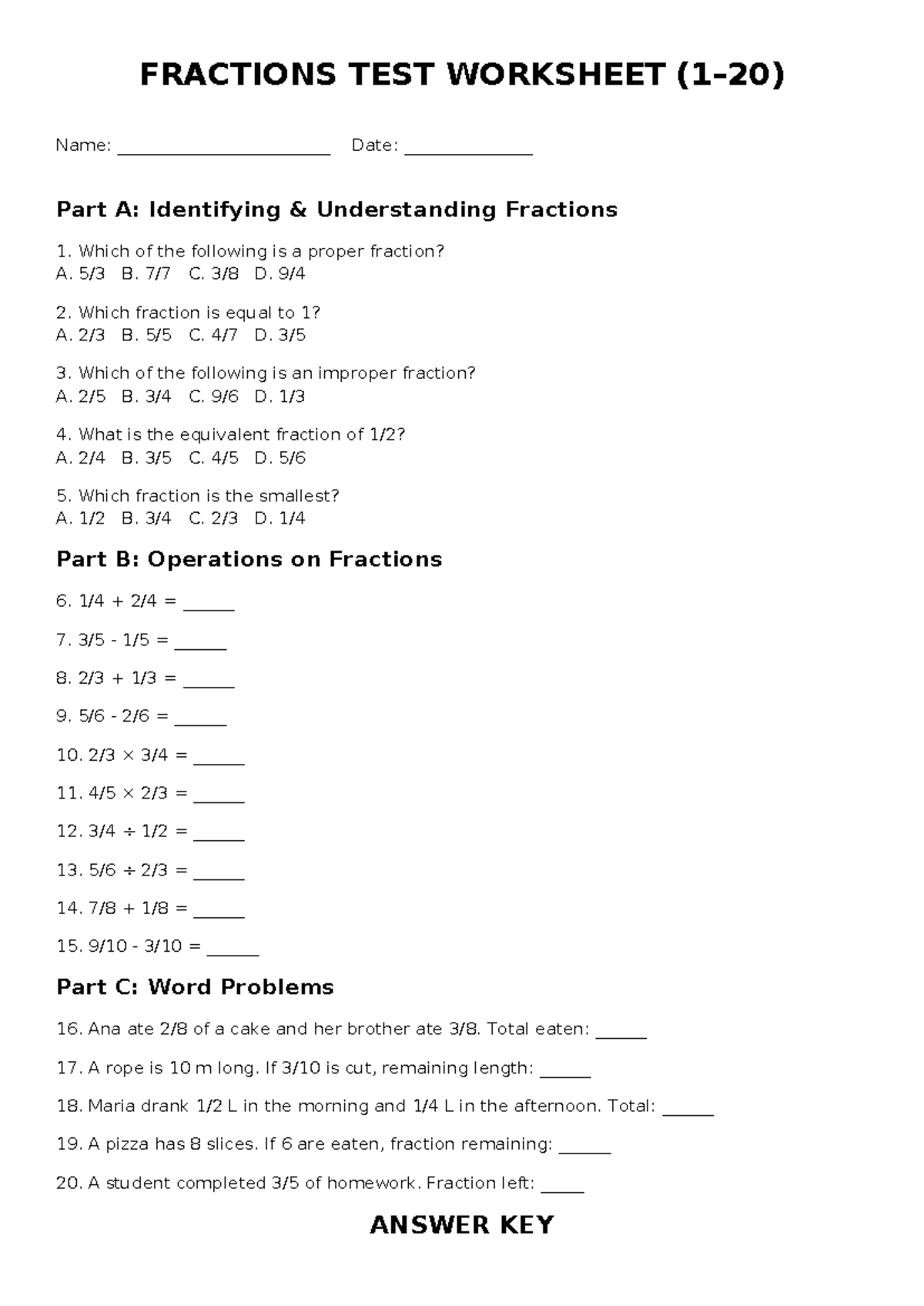 FRACTIONS TEST WORKSHEET: Understanding & Operations - Studocu