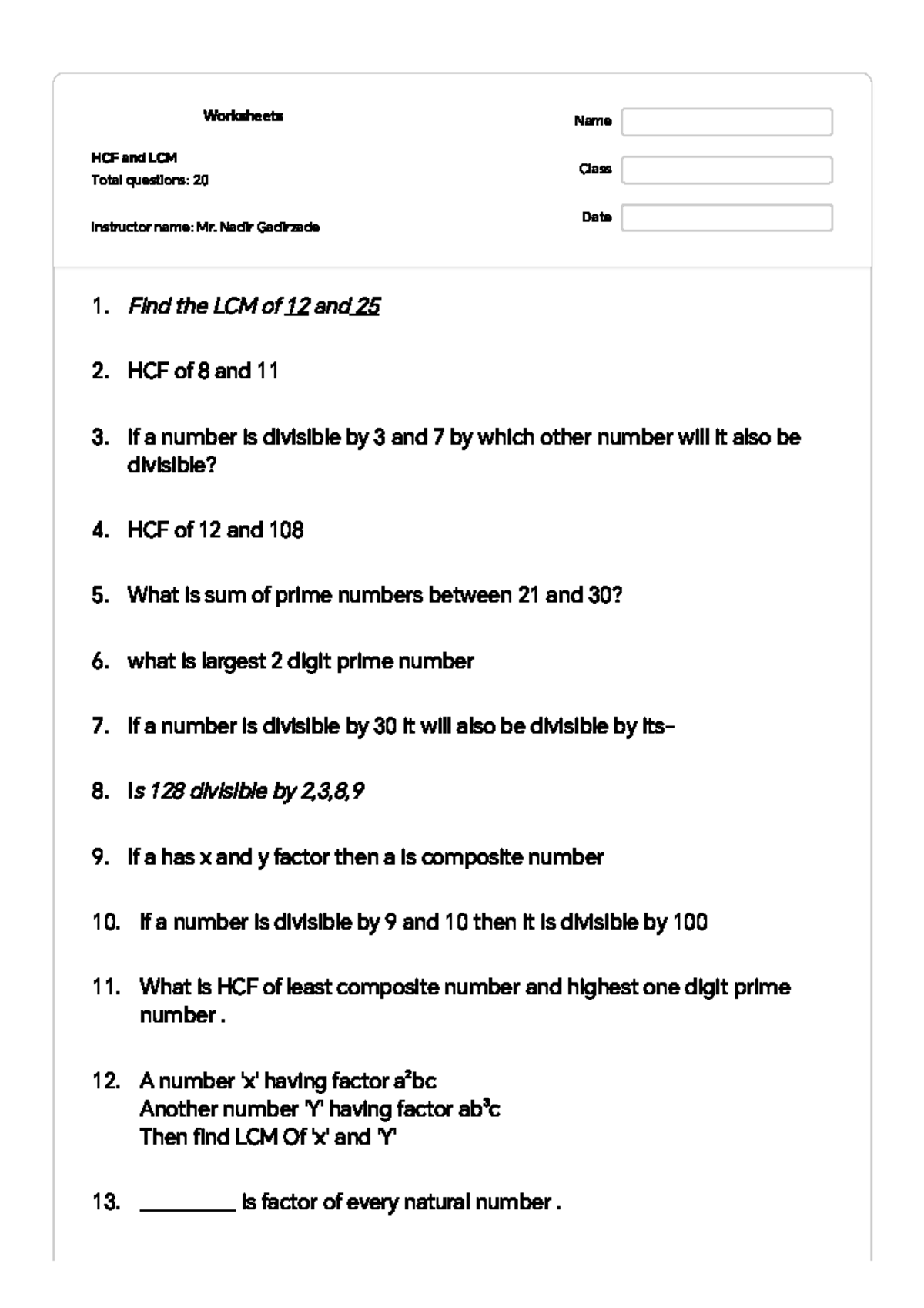 HCF and LCM Worksheet (20 Qs) - Instructor: Mr. Nadir - Studocu