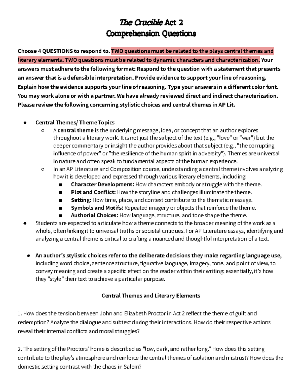 The Crucible Act 2 Comprehension Questions for AP Lit Study - Studocu